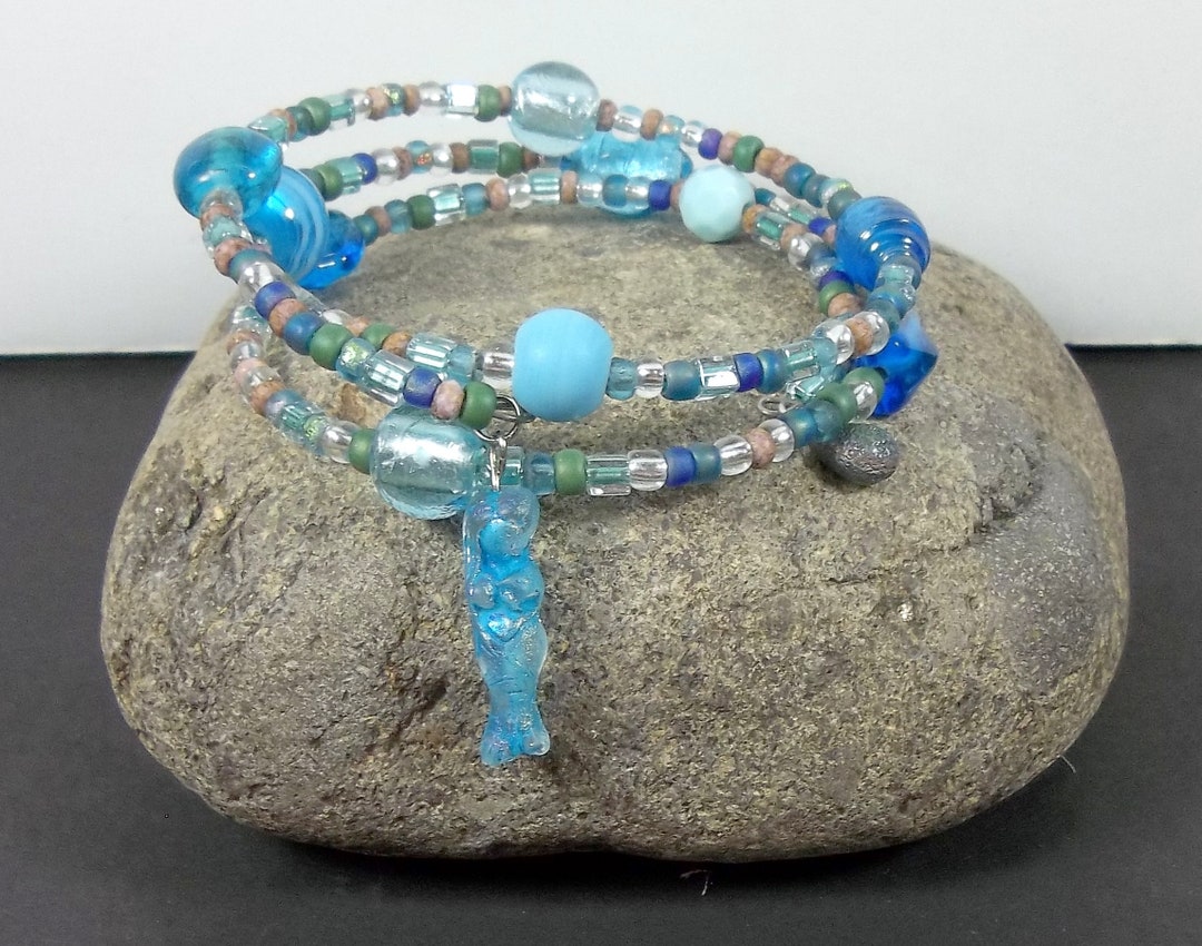 Mermaid Nixie Undine Aqua Blue Glass Beaded Memory Wire Wrap Bracelet ...