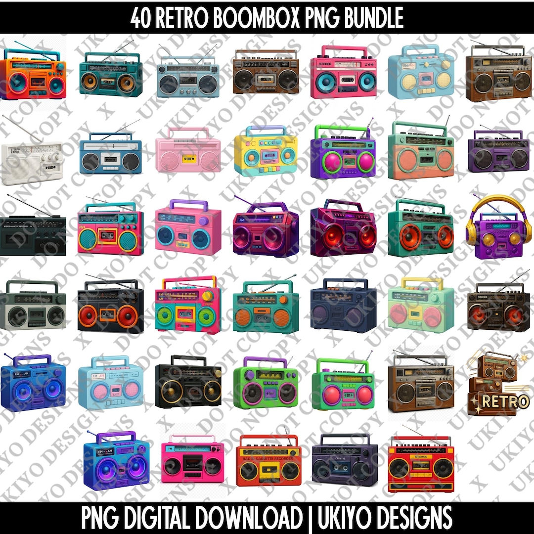 Buy 40 Retro Boombox PNG Bundle, Vintage Boombox Clipart, 80s 90s Radio ...