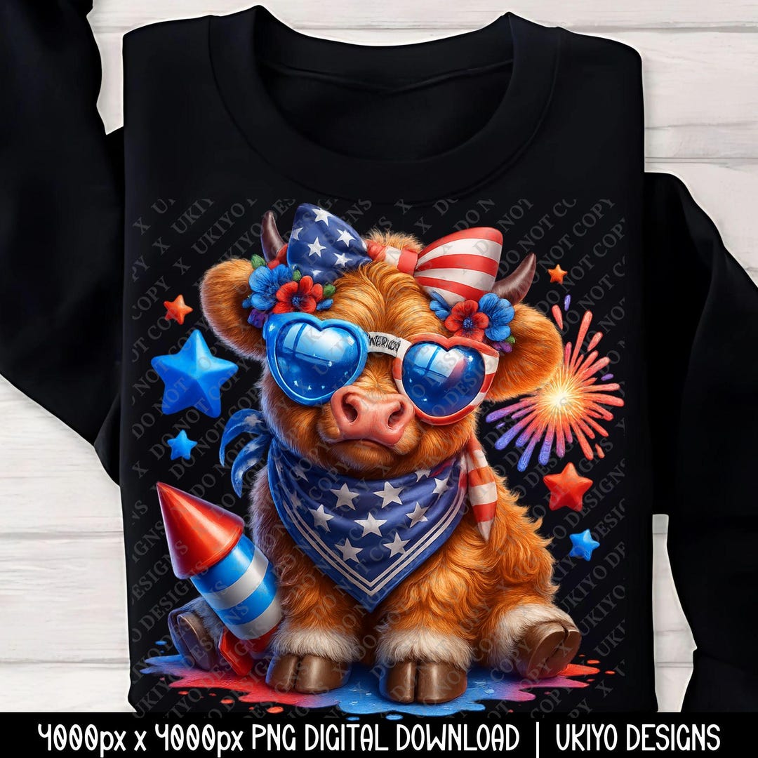 4th of July Highland Cow PNG, Patriotic Cow Clipart With Glasses and ...