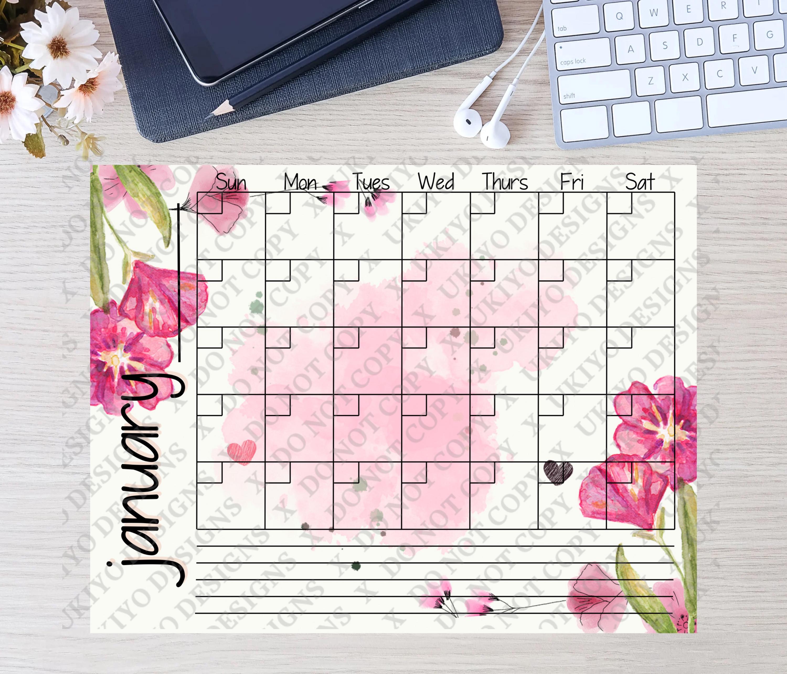 Pink Watercolor Floral Monthly Calendar, Undated Planner (PDF Printable ...