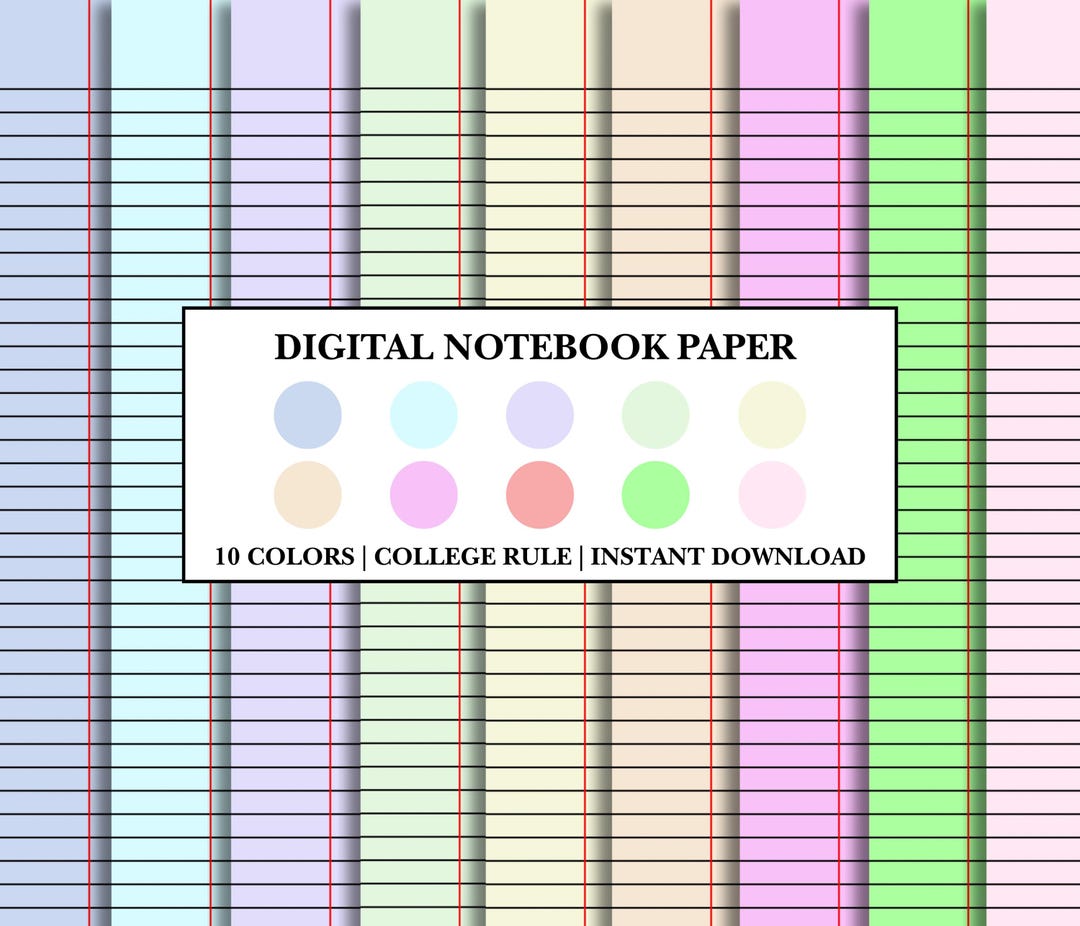 10 Digital Notebook Paper Pages College Ruled Pastel Colors 8.5x11 ...