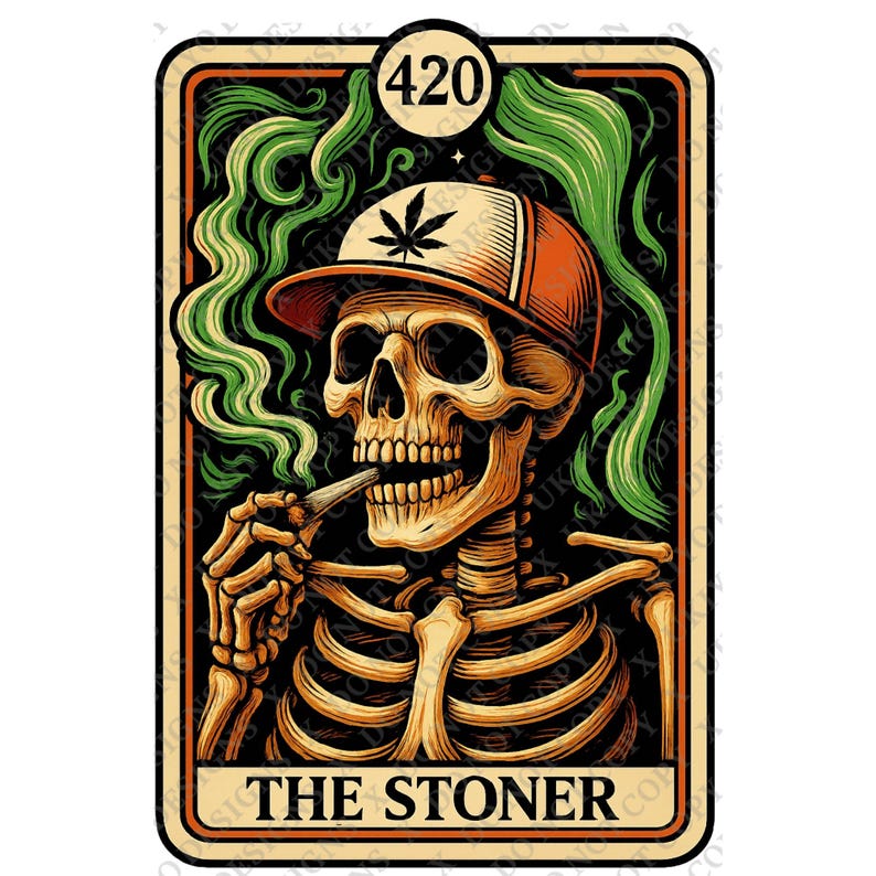 420 Stoner Skeleton PNG – Smoking Skeleton Tarot Card Style Weed Art ...