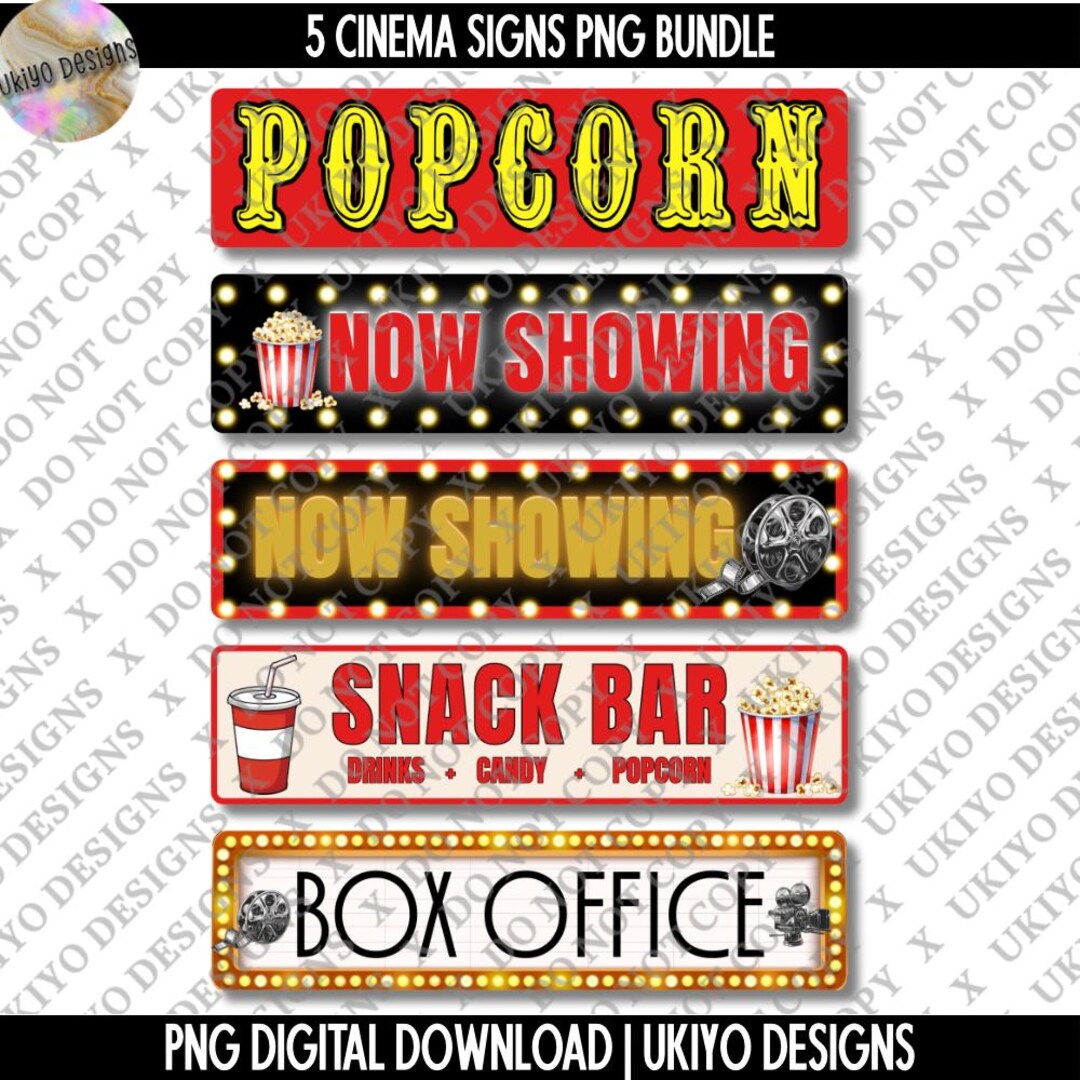 5 Cinema Signs PNG Bundle, Movie Theater Decor, Popcorn Snack Bar Art ...