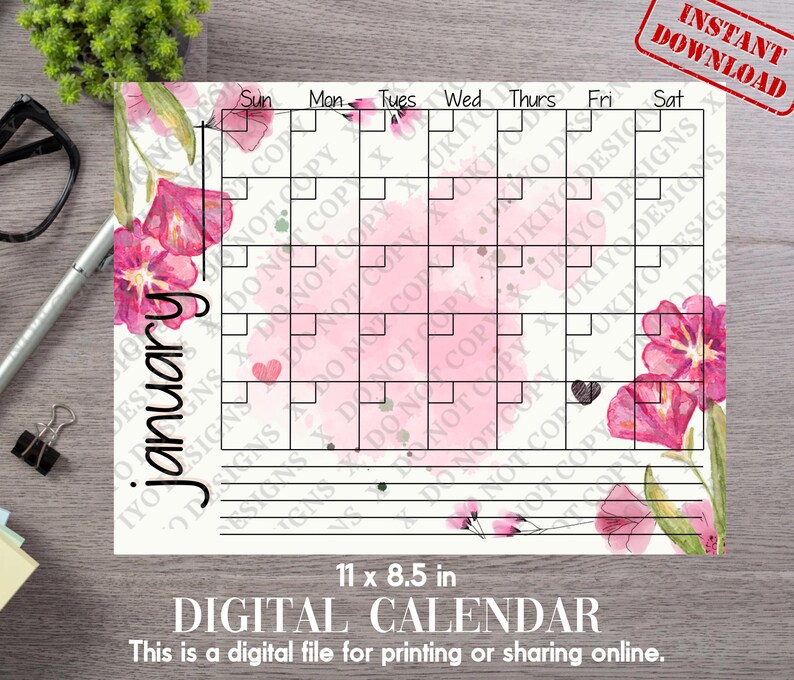 Pink Watercolor Floral Monthly Calendar, Undated Planner (PDF Printable ...