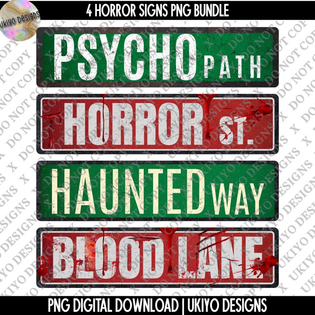 4 Horror Signs PNG Bundle, Psycho Street Signs, Haunted Road Decor ...