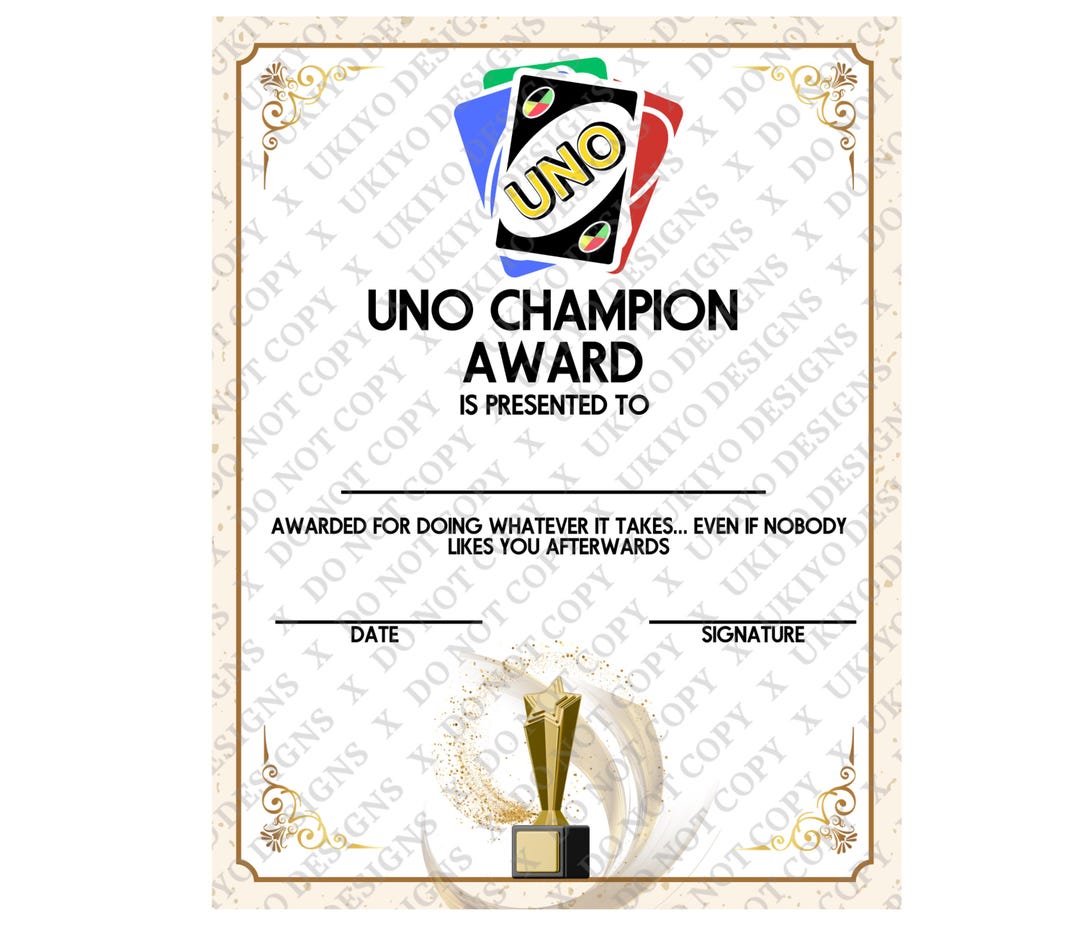 Funny UNO Champion Award Certificate, Game Night Winner (digital ...