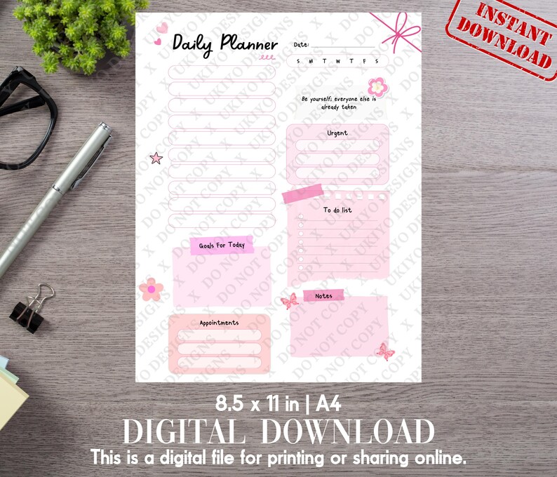 Cute Pink Daily Planner Page Printable, Kawaii Pastel PDF, To-do List ...