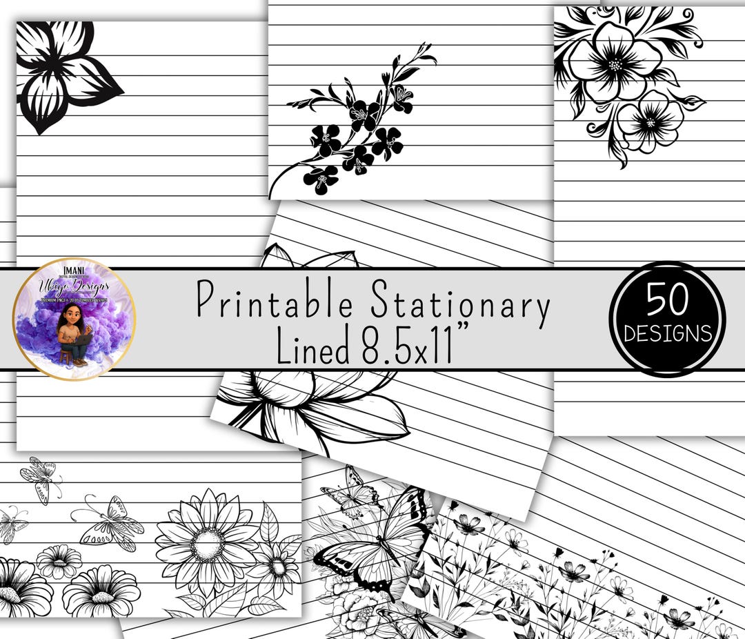 50 Floral Lined Printable Stationery Pages 8.5x11 Black White Writing ...