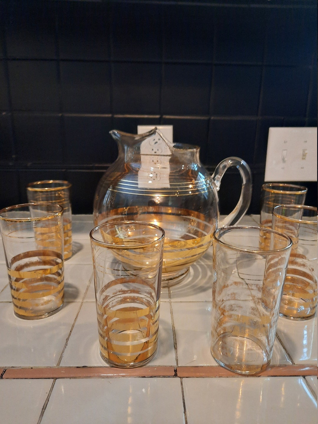 Glass Pitcher With Curvaceous Spout and 6 Glasses Highlighted W Gold ...