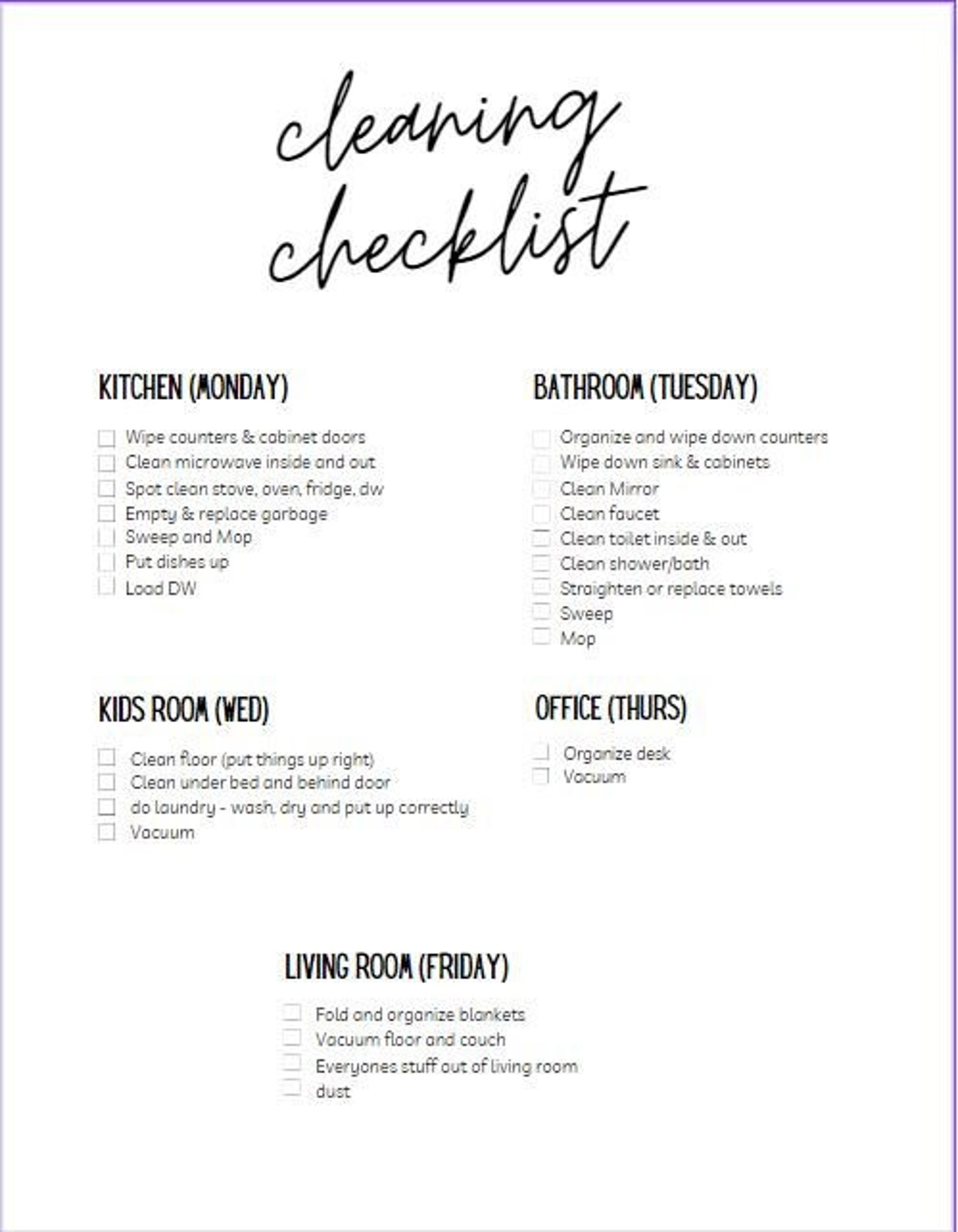 Cleaning Checklist - Etsy