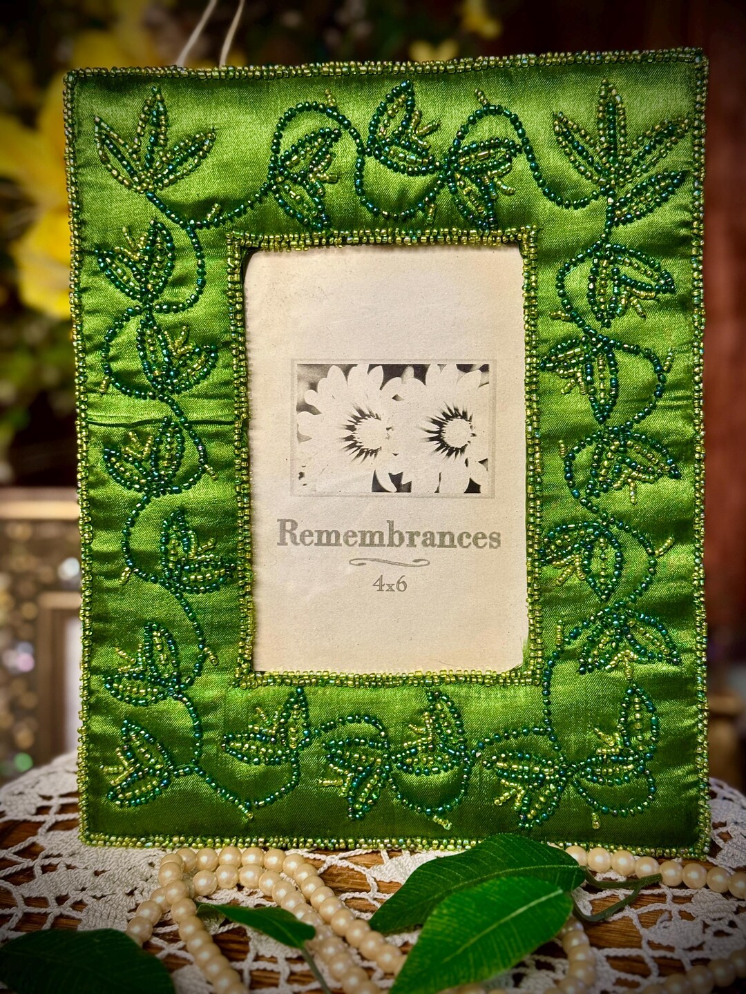 Beaded Olive Green Satin Picture Frame, Padded Fabric Frame - Etsy