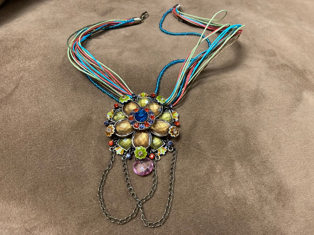 Jeweled Medallion Necklace: Multi-color Bead and Cord Statement Piece ...