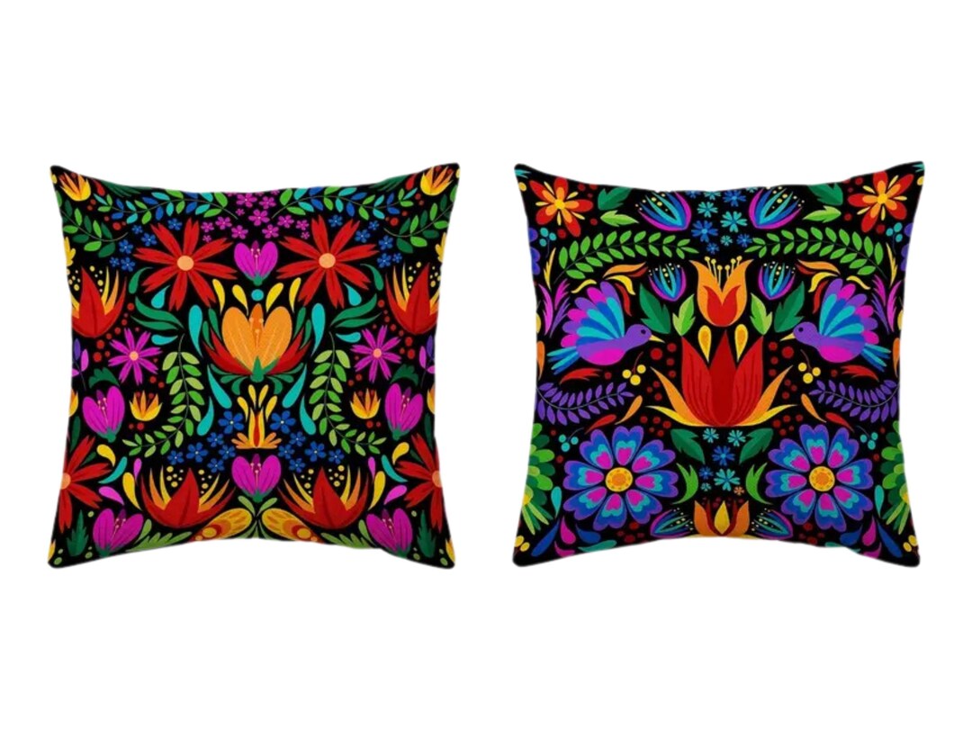 Set of 2 Beautiful Mexican Flower Folk Throw Pillow Covers, for Home ...