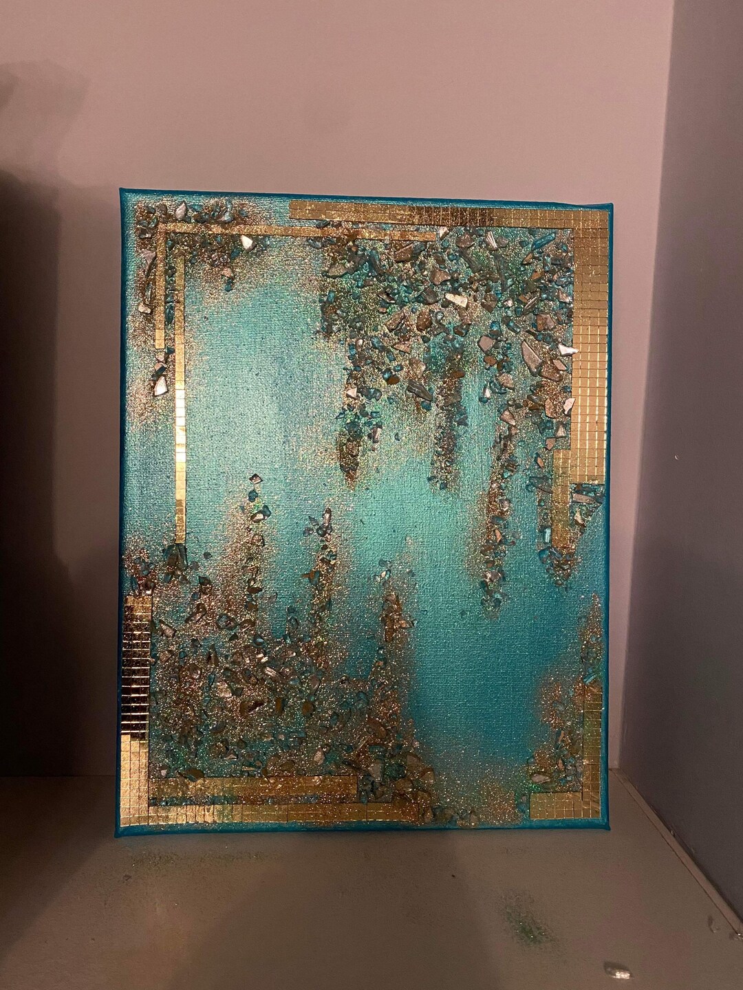 Turquoise Crushed Glass Painting. Large Canvas. Abstract Art. Canvas ...