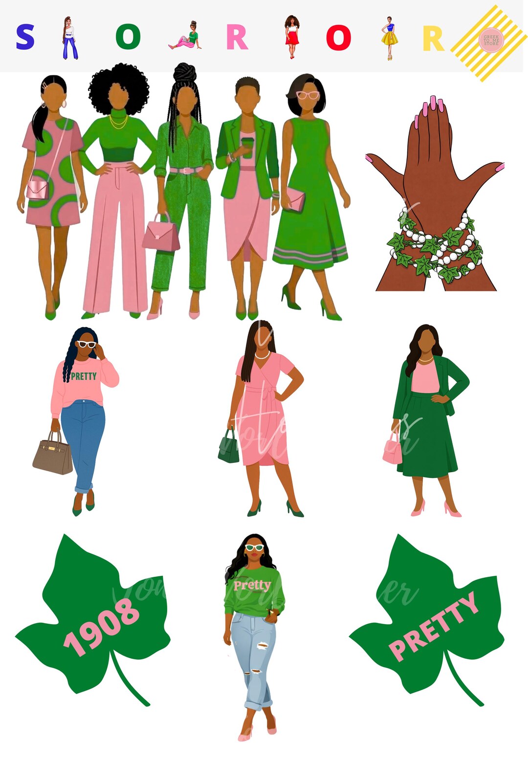 Sorority Stickers - 1908 Pink and Green Kiss Cut Sticker Sheet - Pretty ...