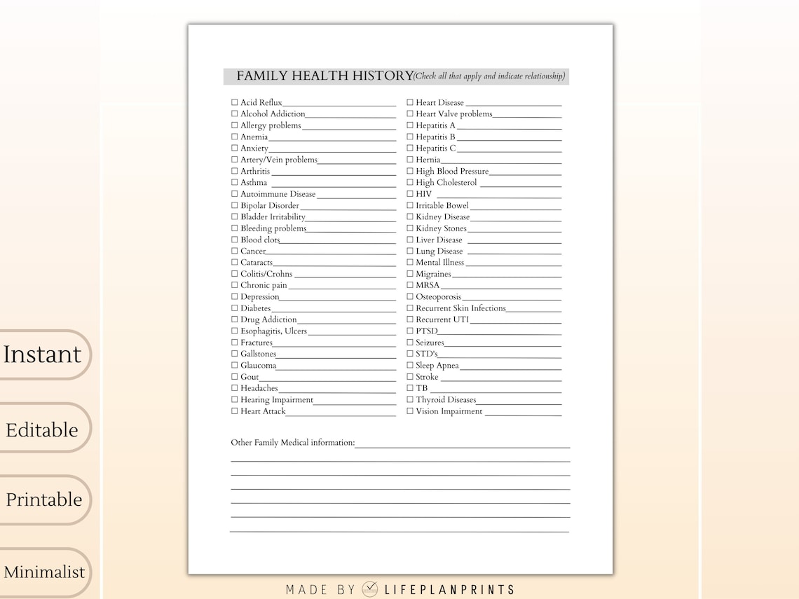 Medical History Form | Family Medical History Form | Family Health ...