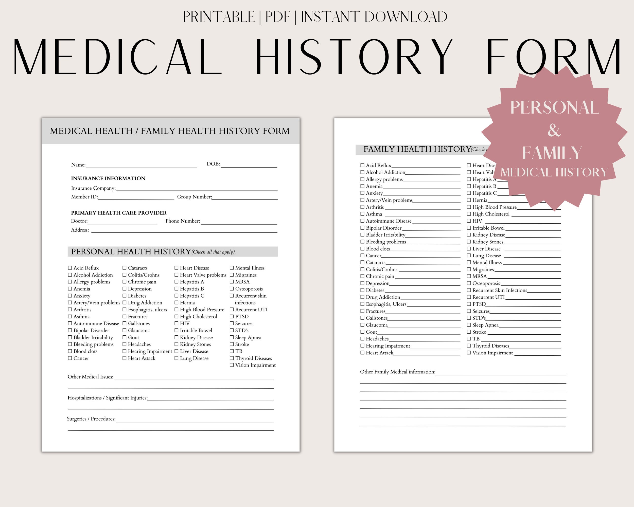 Medical History Form Family Medical History Form Family | Etsy Australia