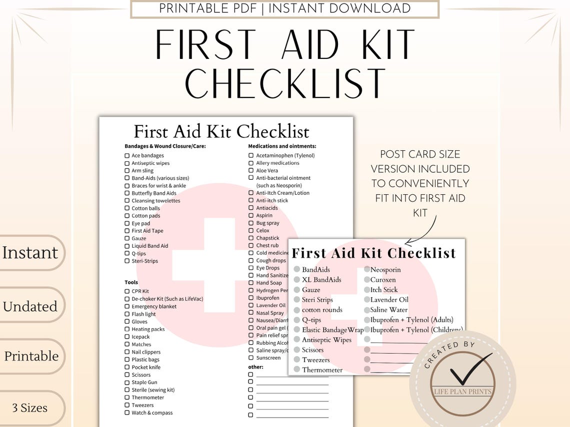 Printable First Aid Kit Checklist | Postcard Size | Complete First Aid ...