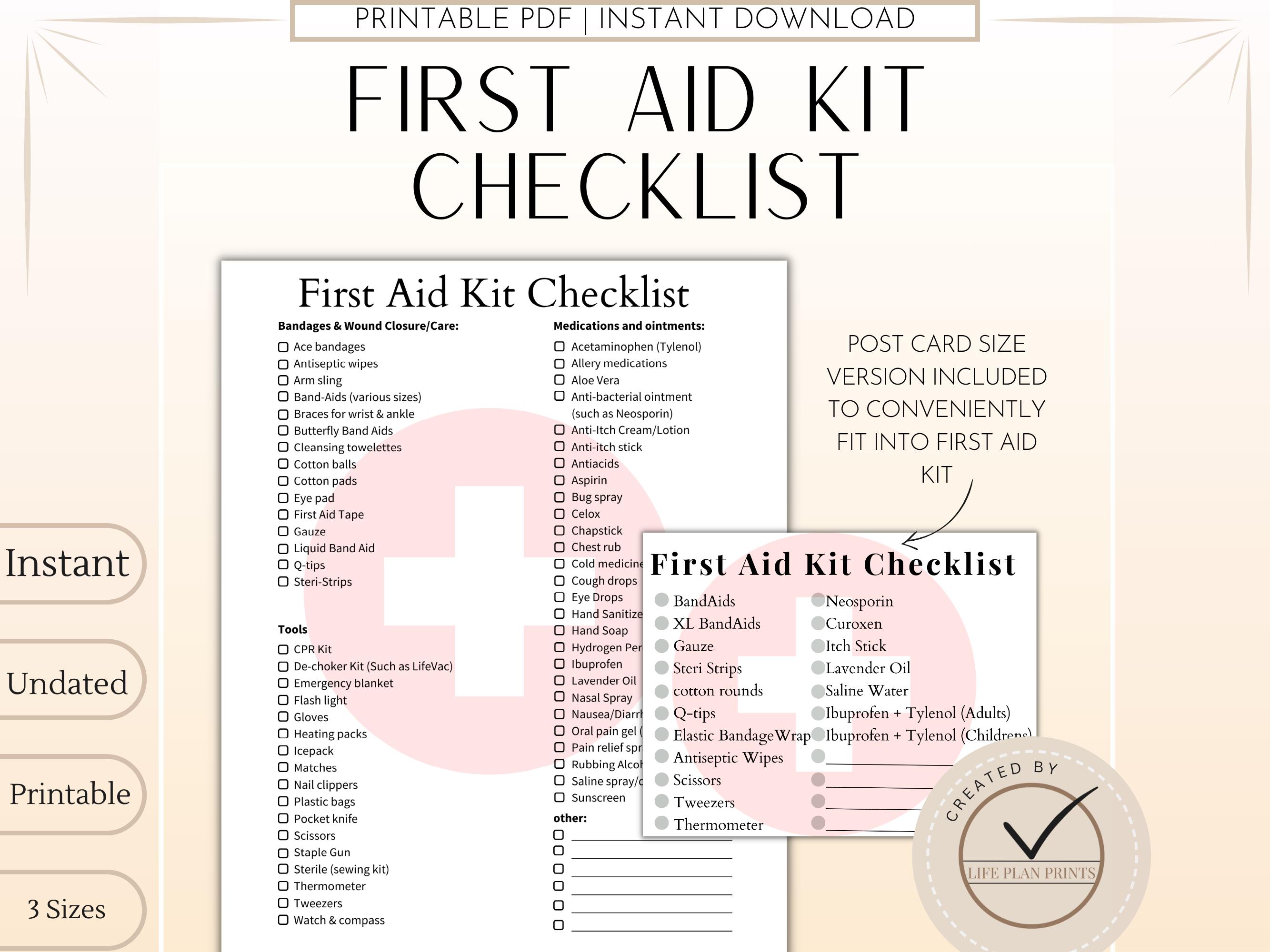 Printable First Aid Kit Checklist | Postcard Size | Complete First Aid ...