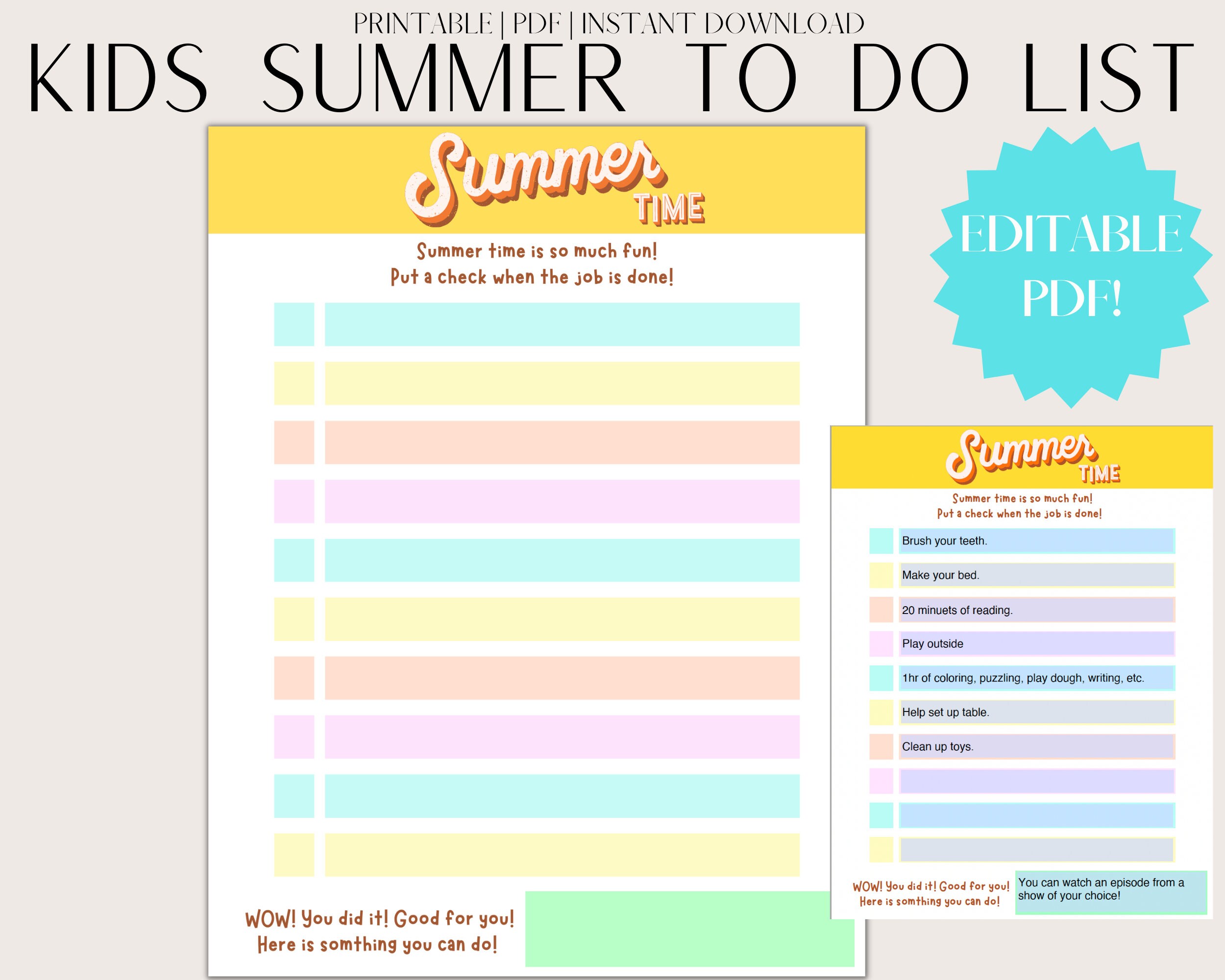 Kids Summer to Do List Printable Editable Kids Summer | Etsy