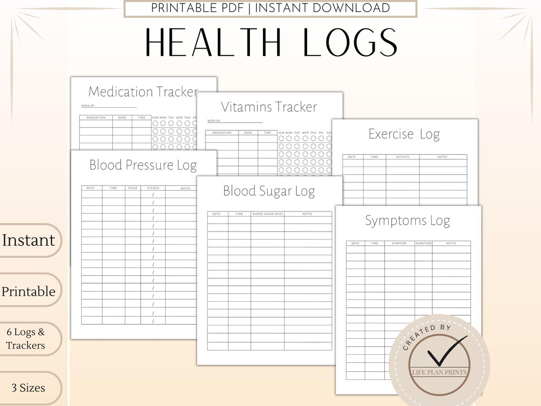 Printable Health Logs Pack | Blood Pressure Log | Blood Sugar Log ...