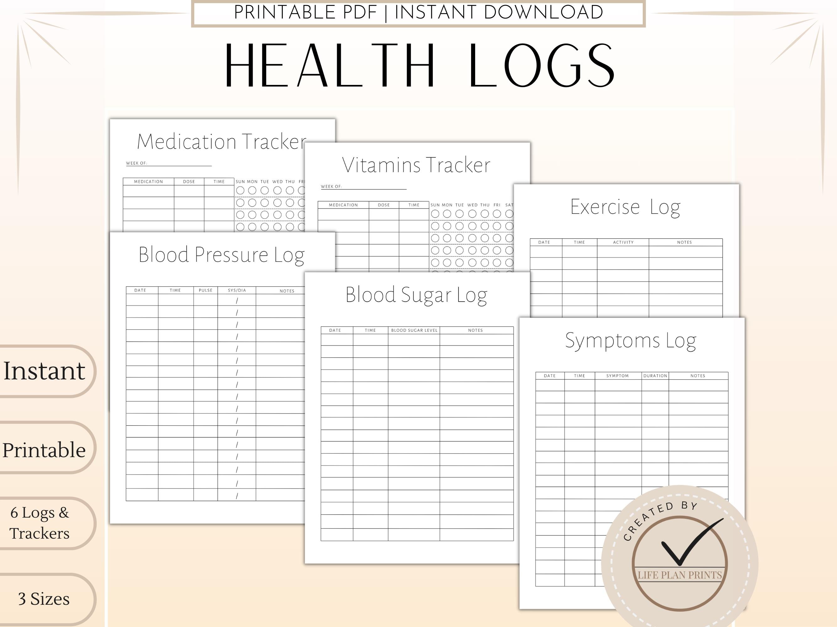 Printable Health Logs Pack | Blood Pressure Log | Blood Sugar Log ...
