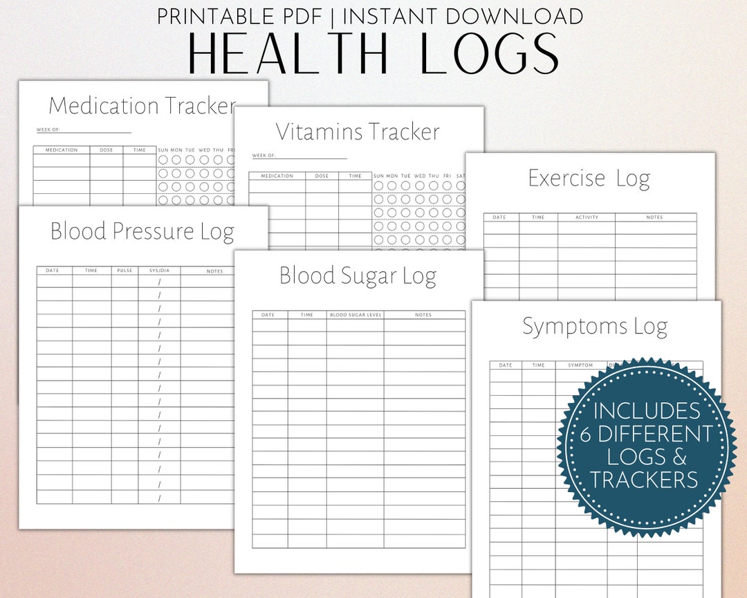 Printable Health Logs Pack Blood Pressure Log Blood Sugar Log ...