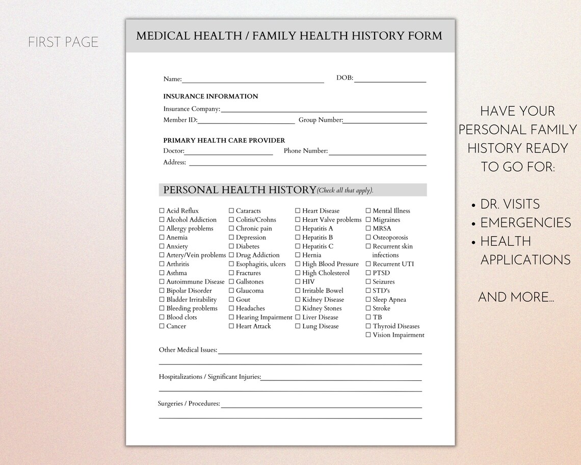 Medical History Form Family Medical History Form Family - Etsy