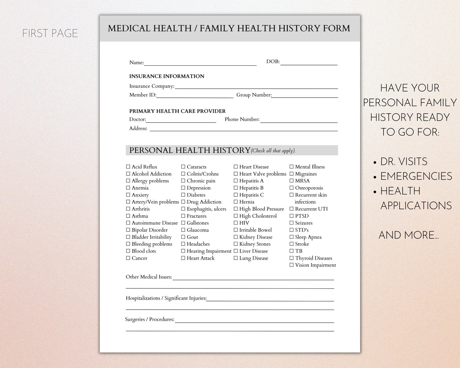 Medical History Form Family Medical History Form Family - Etsy