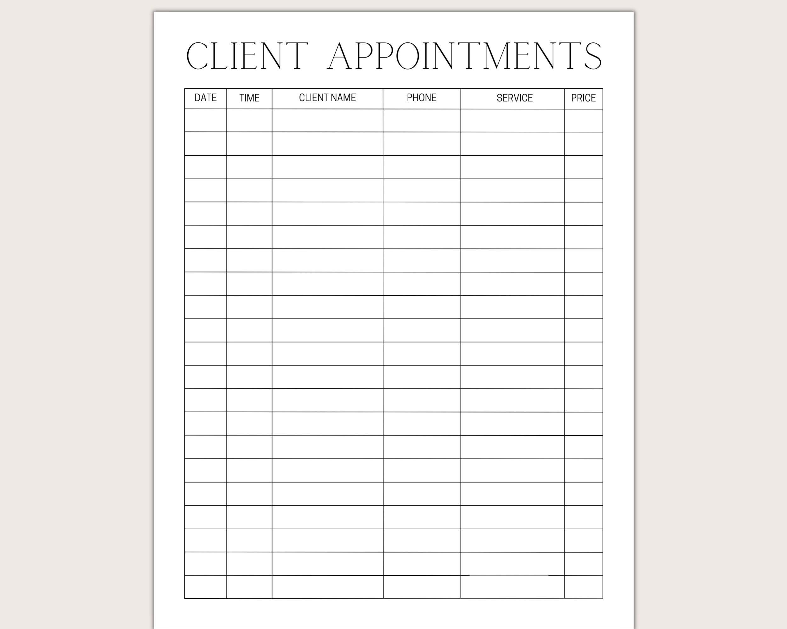 Client Appointment Log Printable Client Appointments Tracker ...