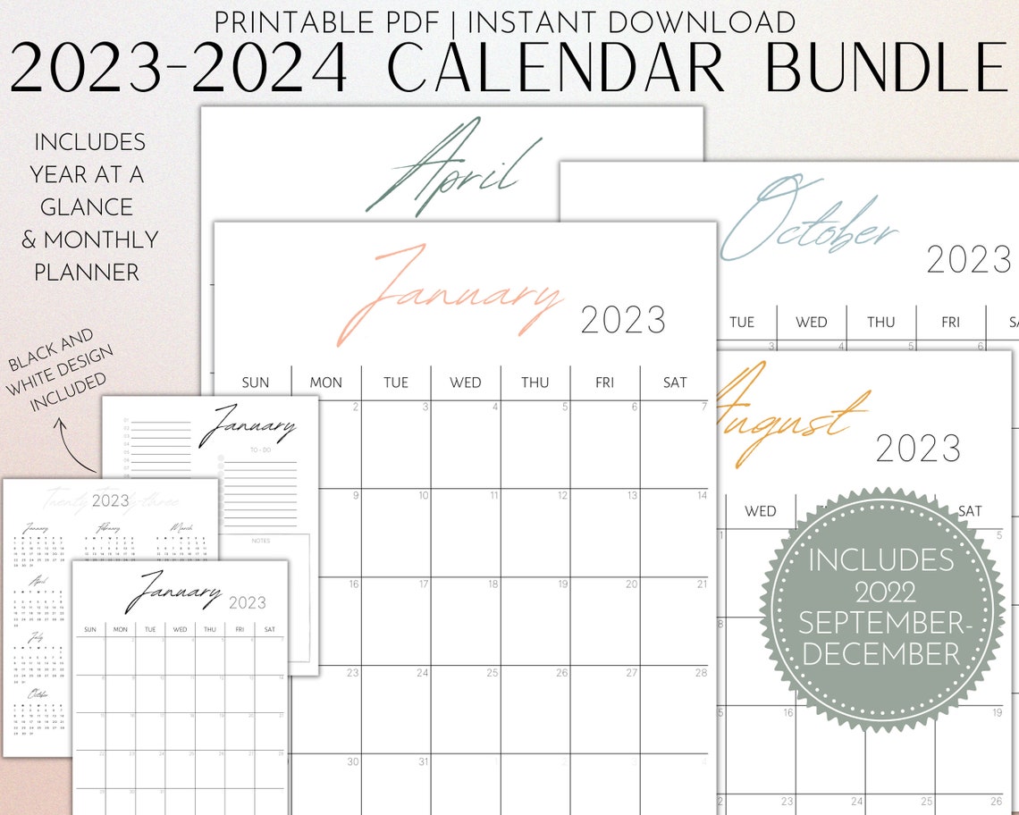 Printable 2022-2023-2024 Calendar Bundle Monthly Calendar Monthly ...