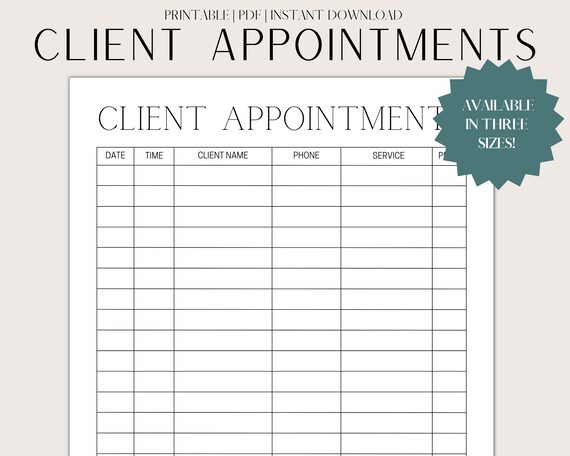Client Appointment Log Printable Client Appointments Tracker | Etsy