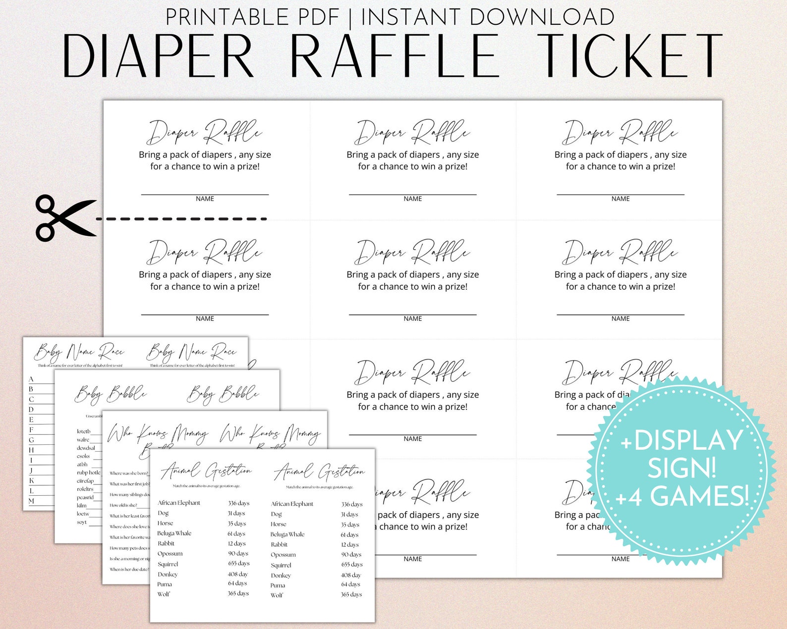 Printable Diaper Raffle Tickets Baby Shower Games Minimalist Baby ...