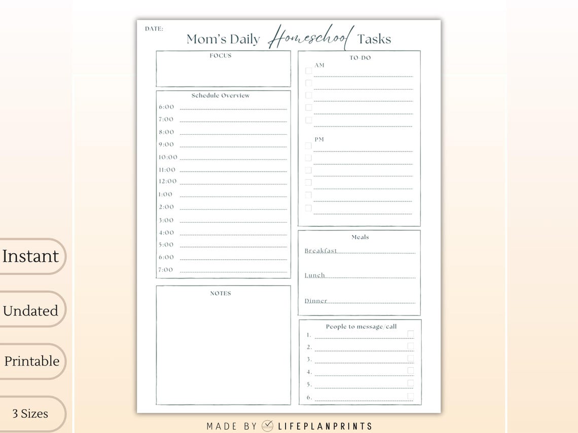 Printable Mom's Homeschool Daily Tasks | Daily Planner | To-do List ...