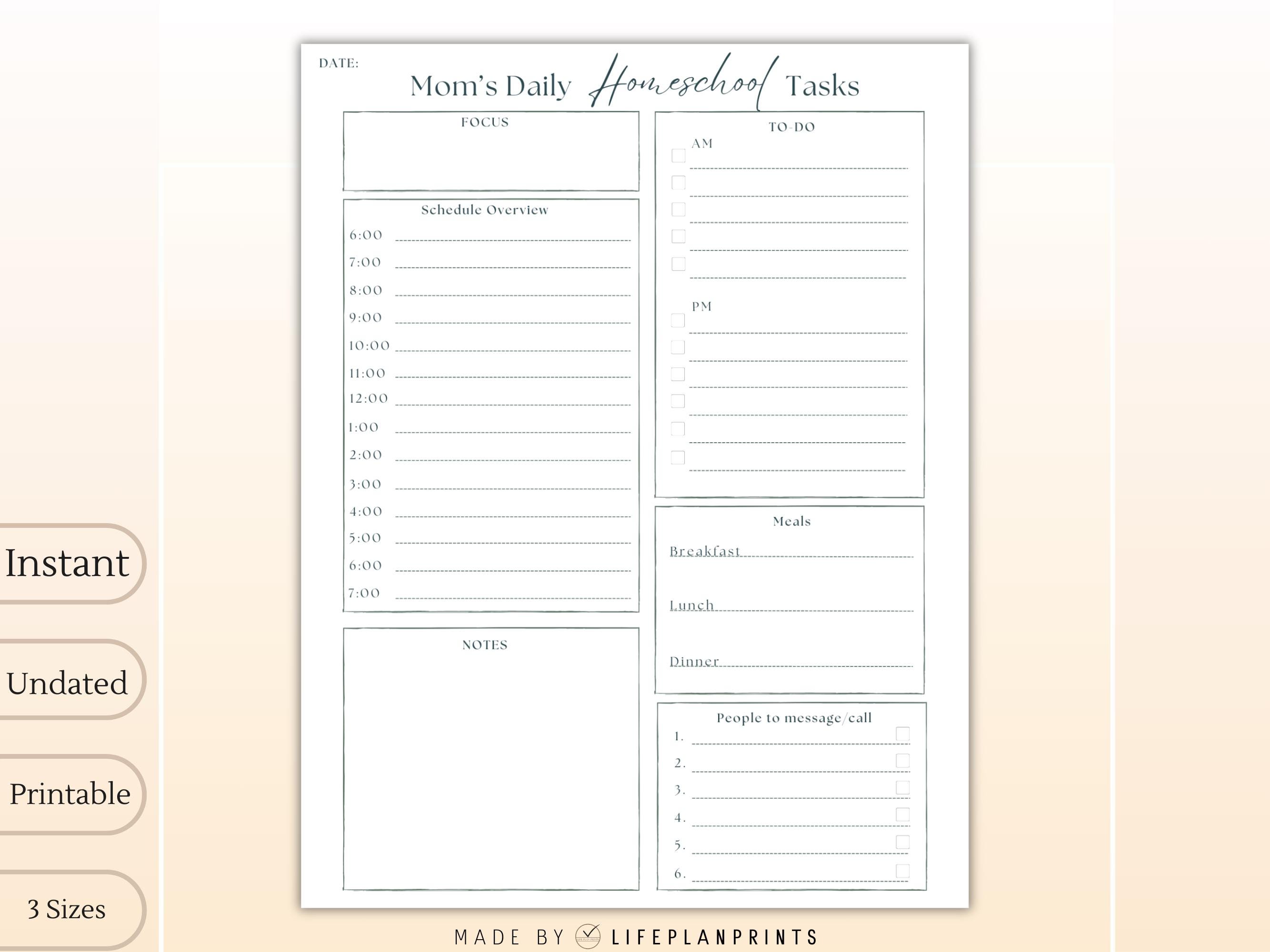 Printable Mom's Homeschool Daily Tasks | Daily Planner | To-do List ...