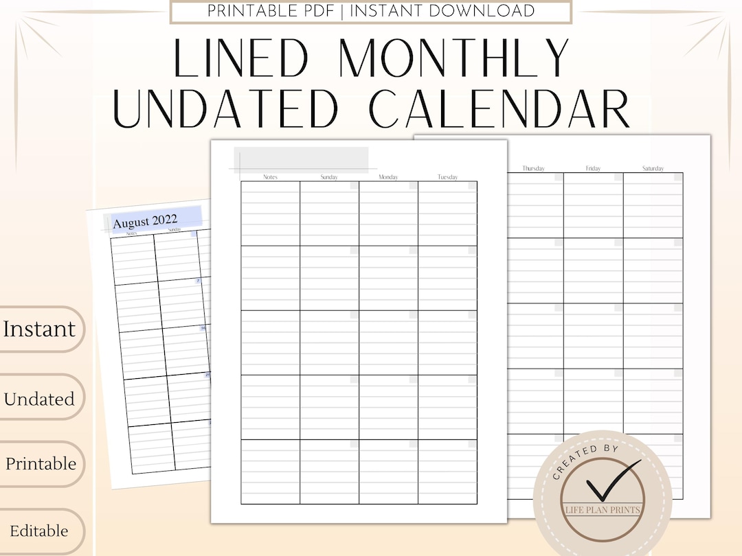 Printable Lined Monthly Calendar Undated | Undated Calendar | Monthly ...