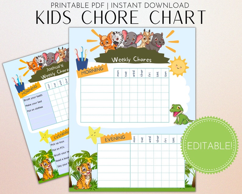 PRINTABLE & EDITABLE Kids Chore Chart Responsibility Chart Routine ...