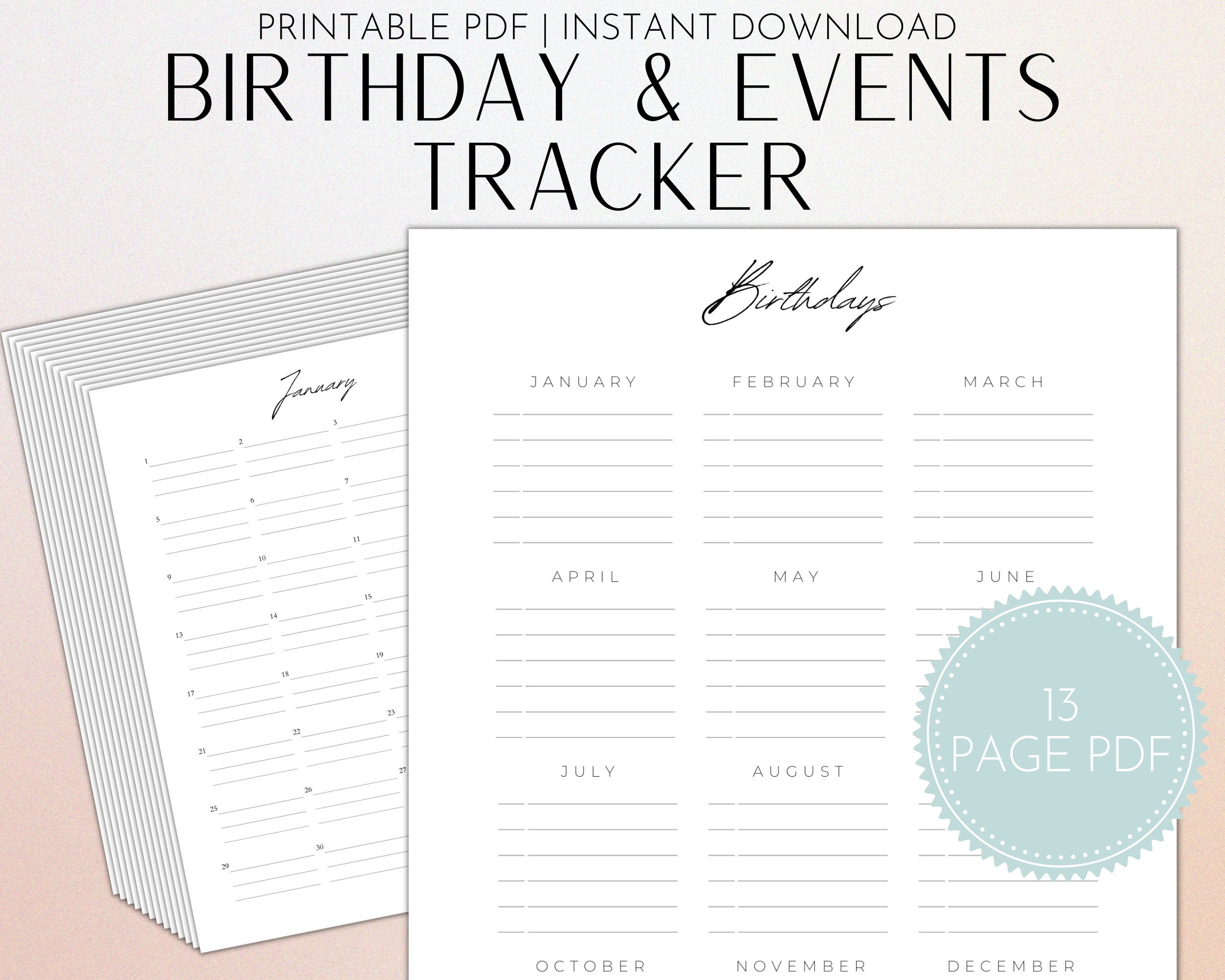 Printable Birthday Tracker Yearly Events Tracker Birthday Calendar ...