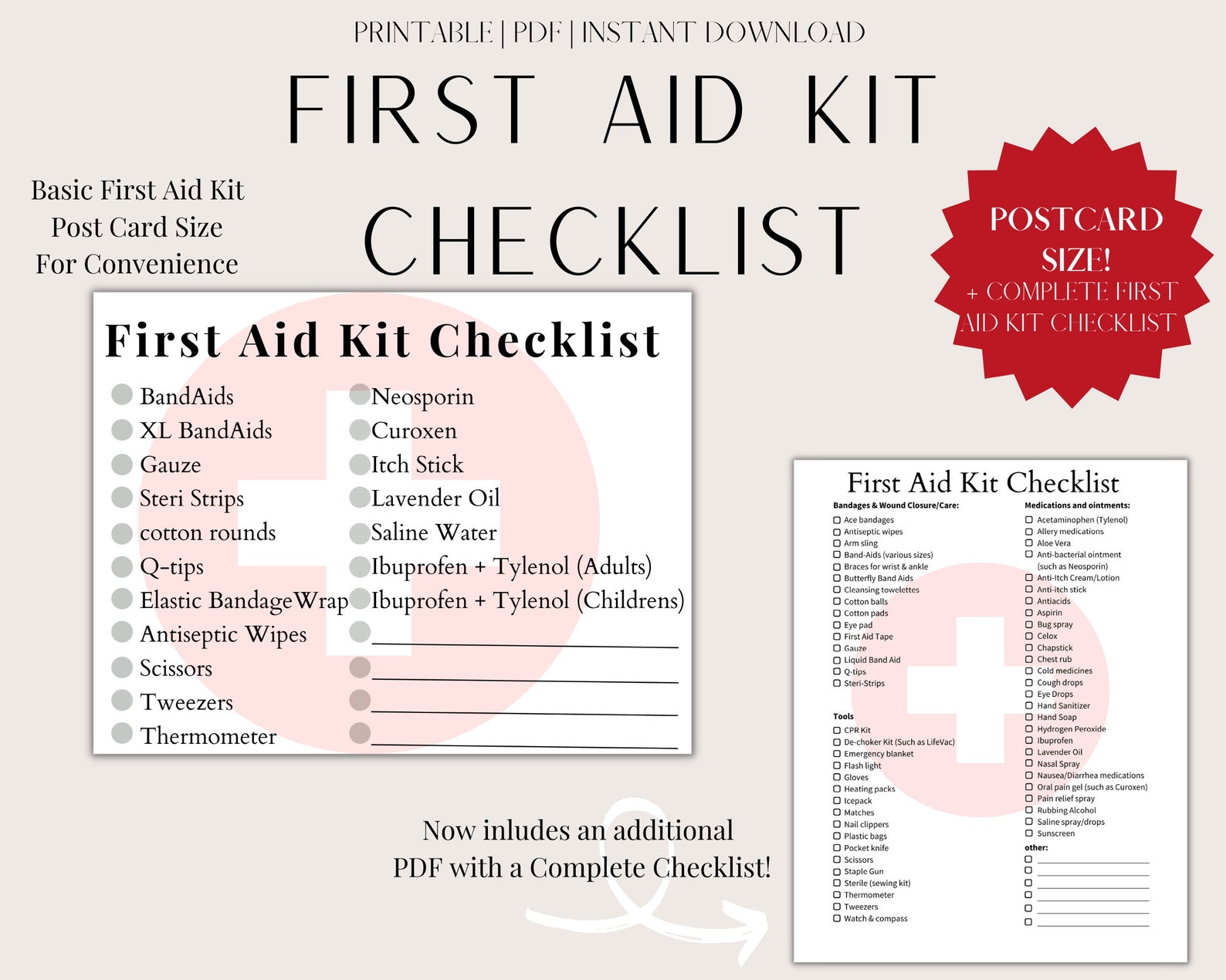 Printable First Aid Kit Checklist Postcard Size Complete First Aid Kit ...