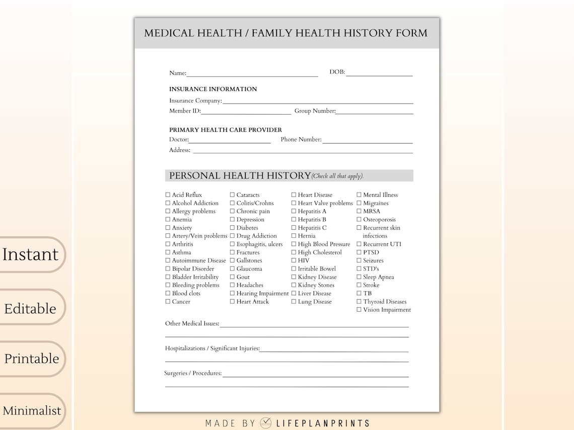 Medical History Form | Family Medical History Form | Family Health ...