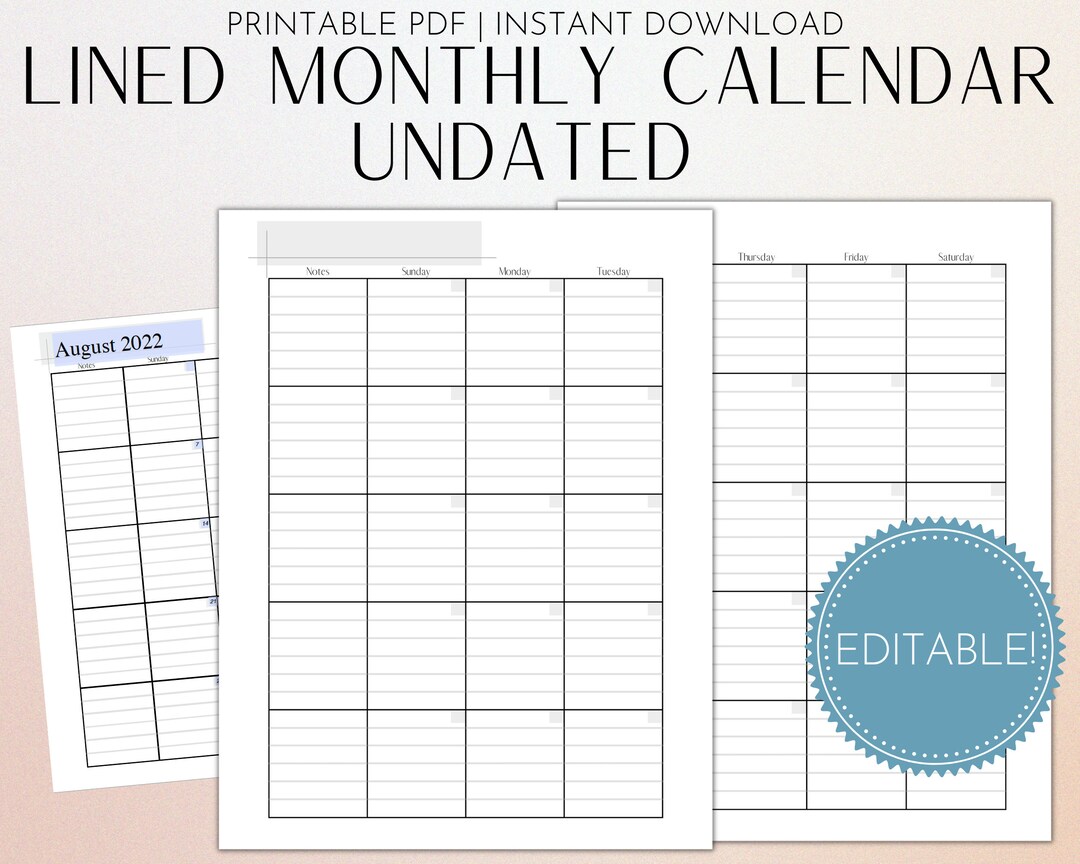 Printable Lined Monthly Calendar Undated Undated Calendar Monthly ...