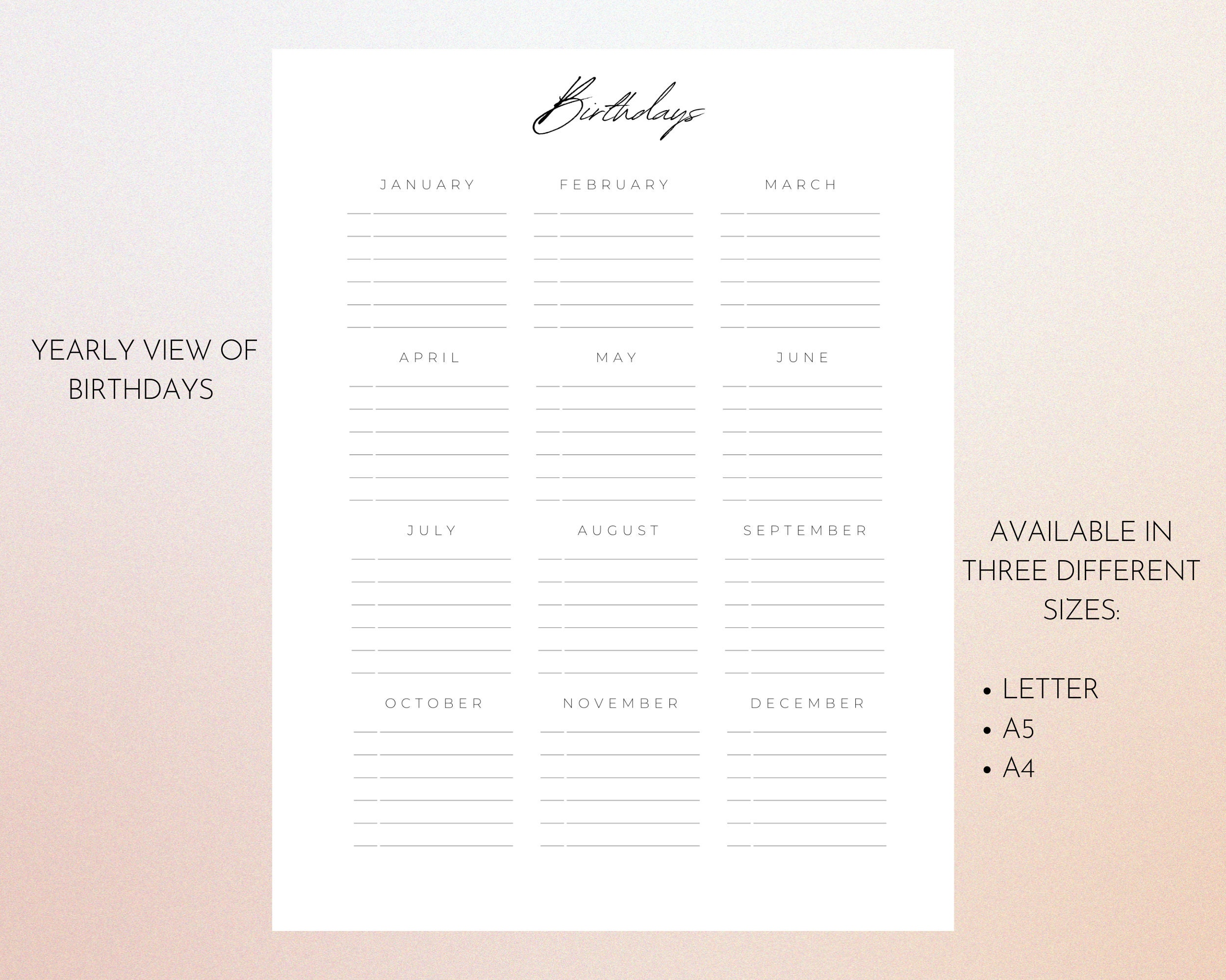 Printable Birthday Tracker Yearly Events Tracker Birthday Calendar ...