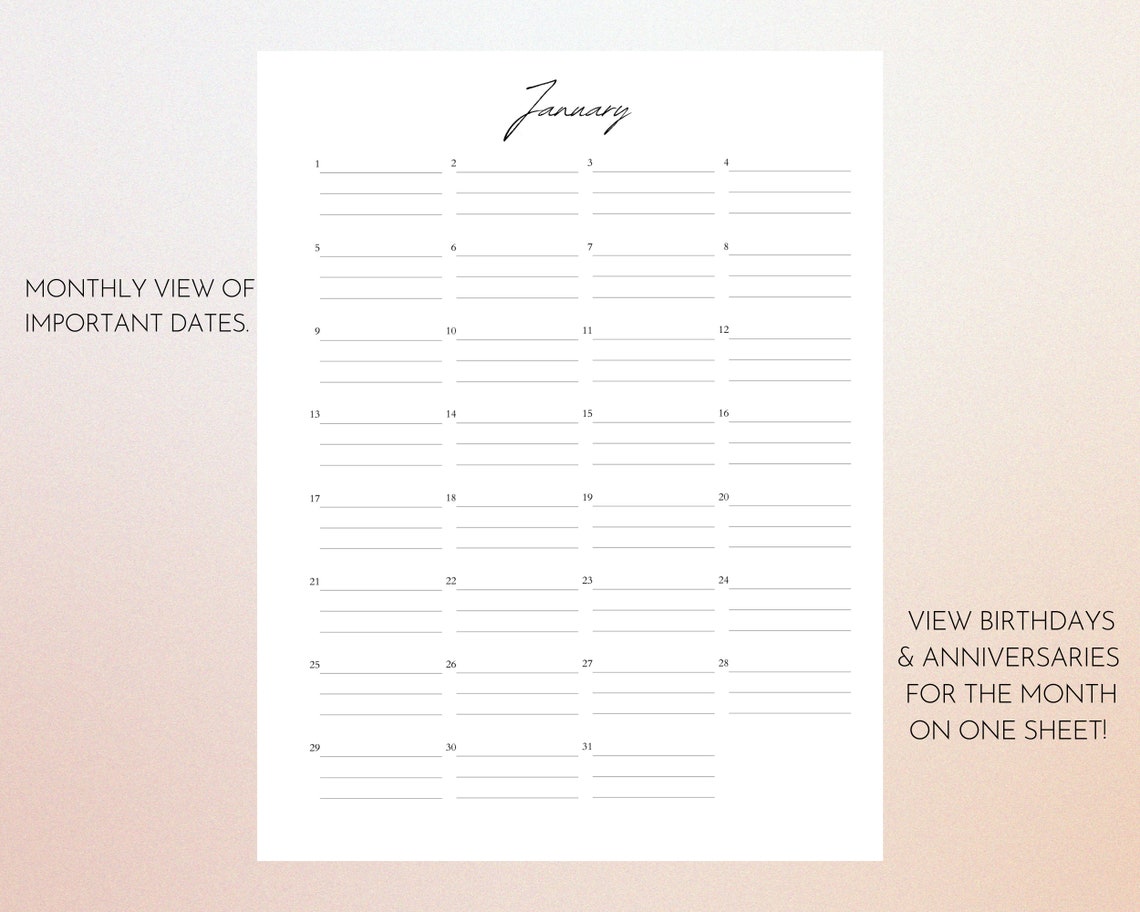 Printable Birthday Tracker Yearly Events Tracker Birthday Calendar ...