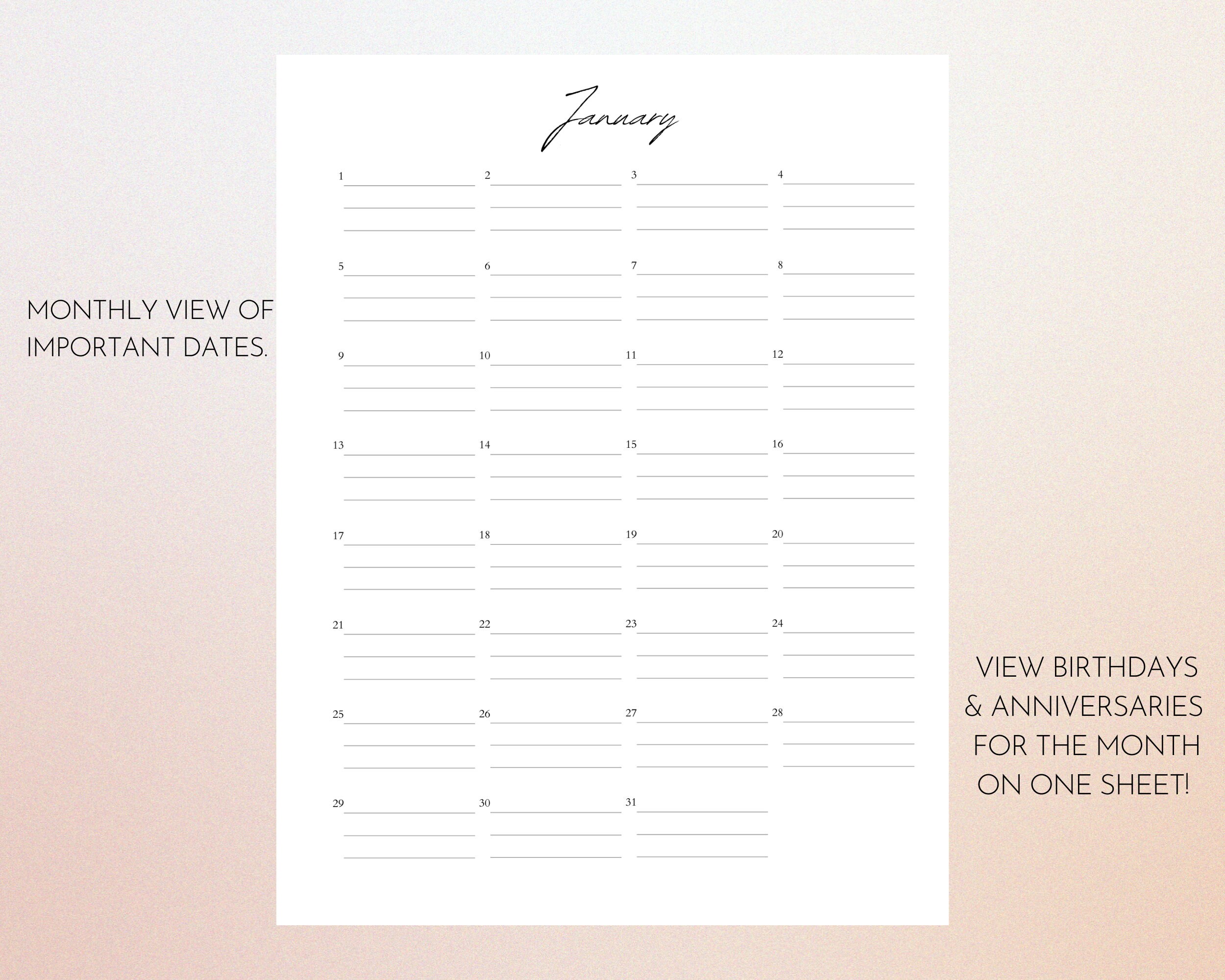 Printable Birthday Tracker Yearly Events Tracker Birthday Calendar ...