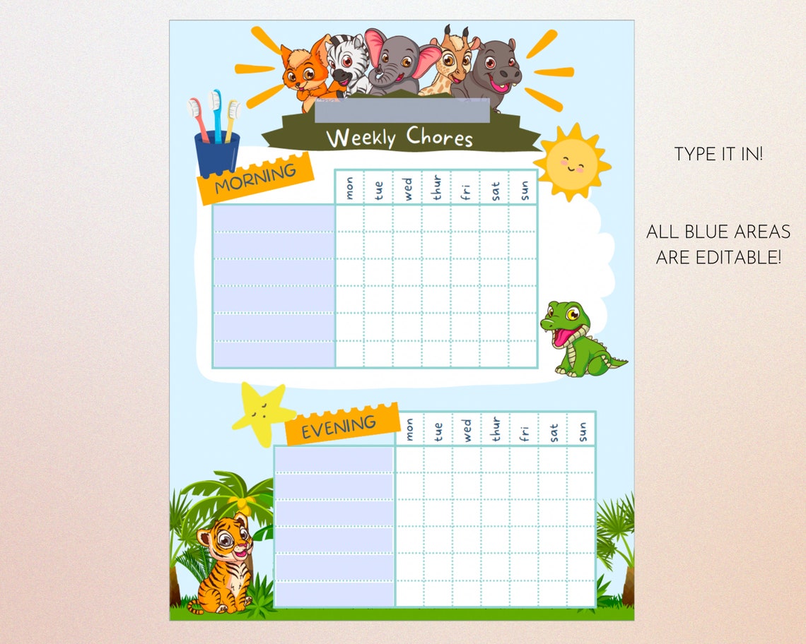 PRINTABLE & EDITABLE Kids Chore Chart Responsibility Chart Routine ...