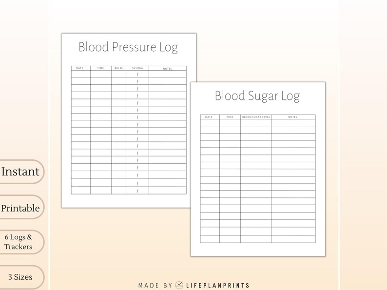 Printable Health Logs Pack | Blood Pressure Log | Blood Sugar Log ...