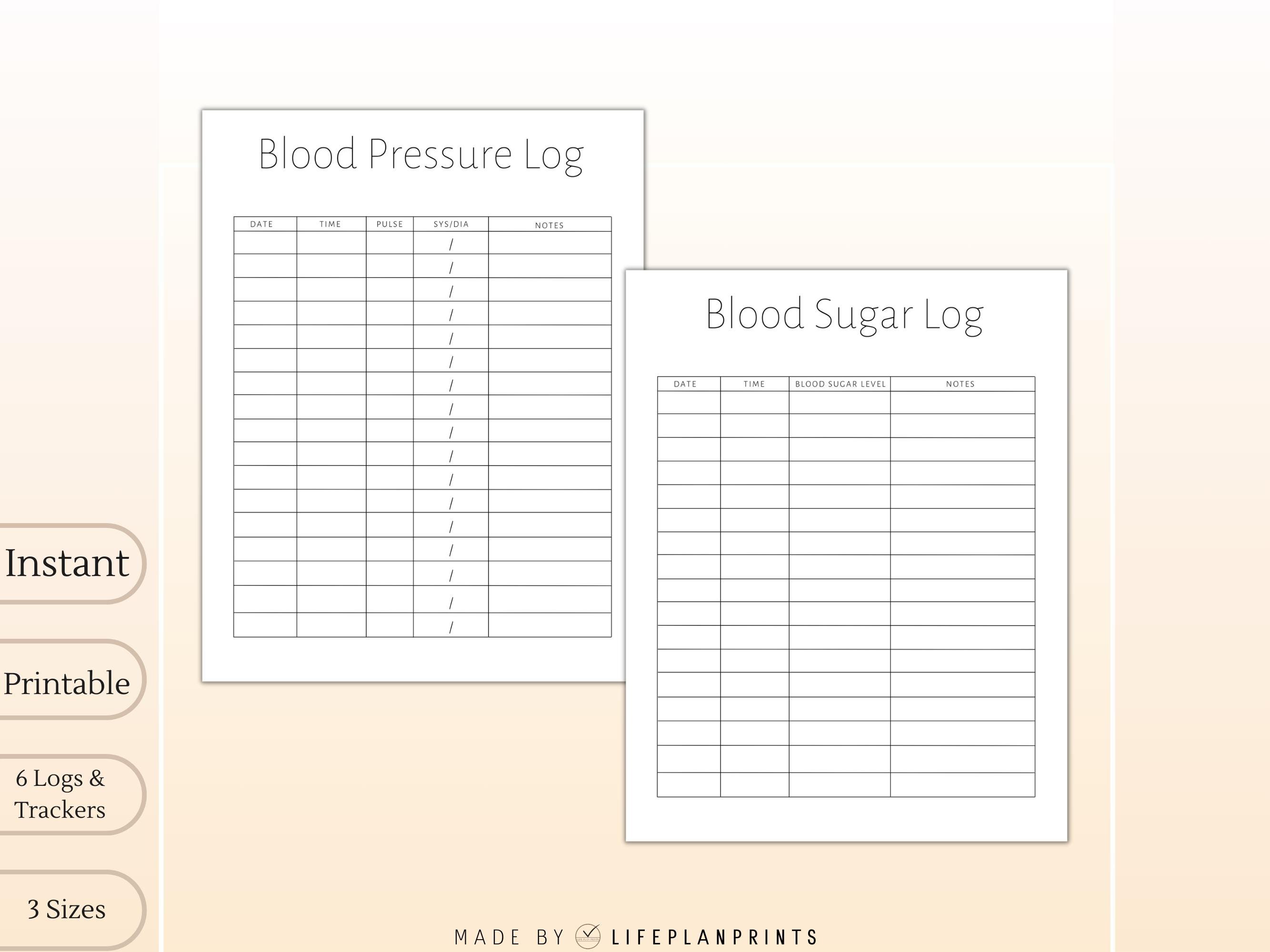 Printable Health Logs Pack | Blood Pressure Log | Blood Sugar Log ...