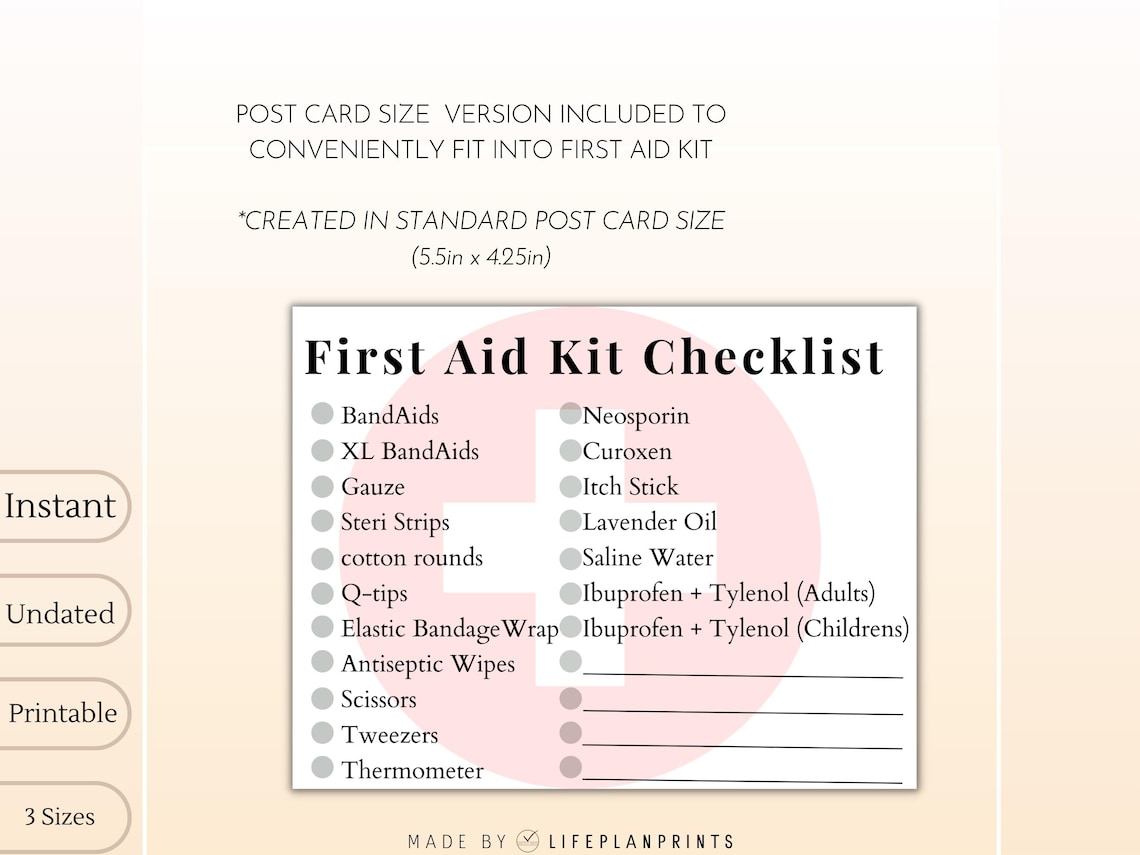Printable First Aid Kit Checklist | Postcard Size | Complete First Aid ...
