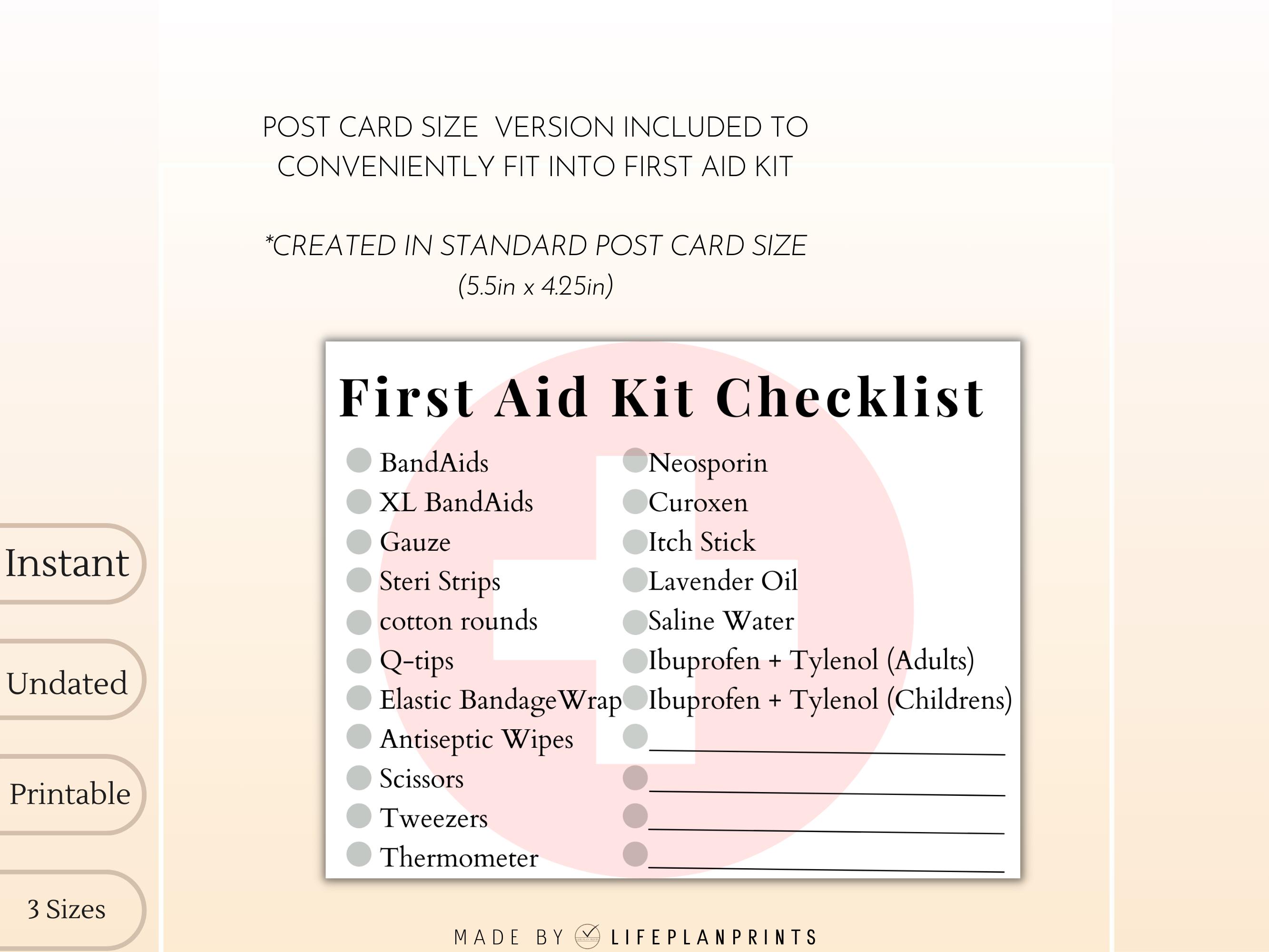 Printable First Aid Kit Checklist | Postcard Size | Complete First Aid ...