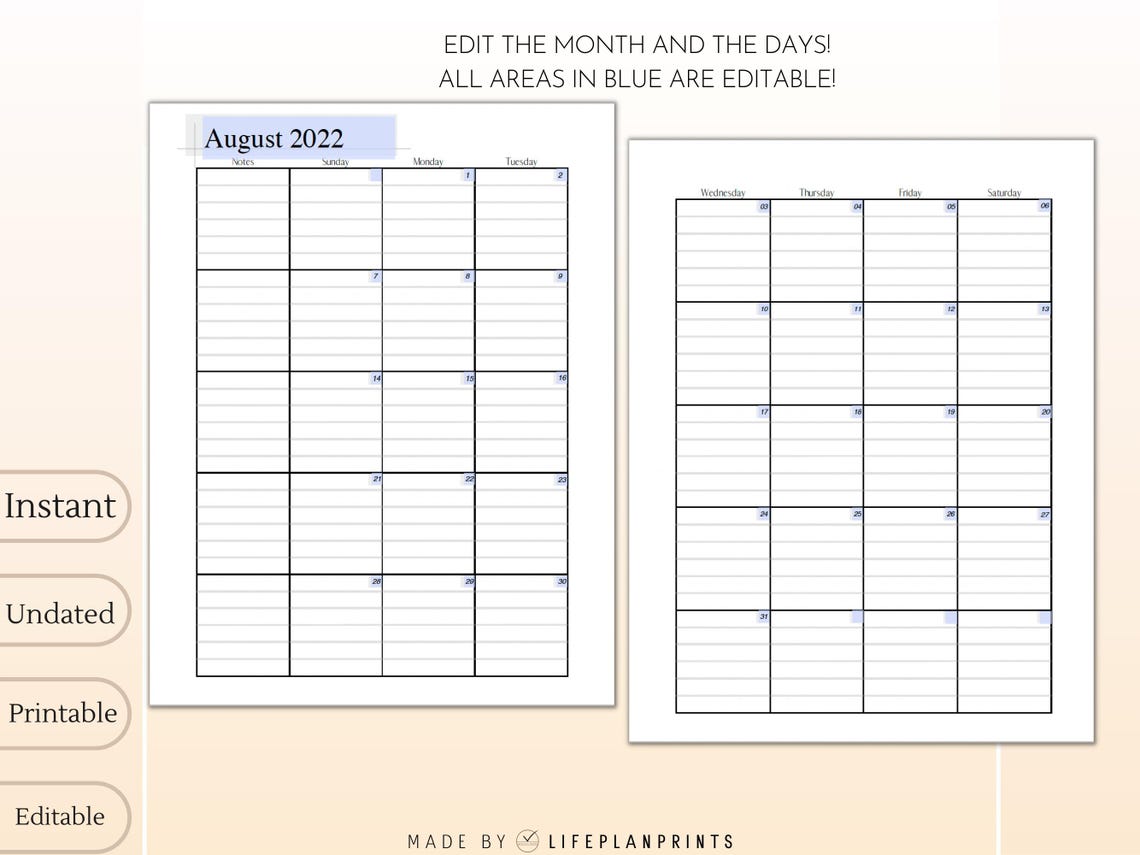 Printable Lined Monthly Calendar Undated | Undated Calendar | Monthly ...